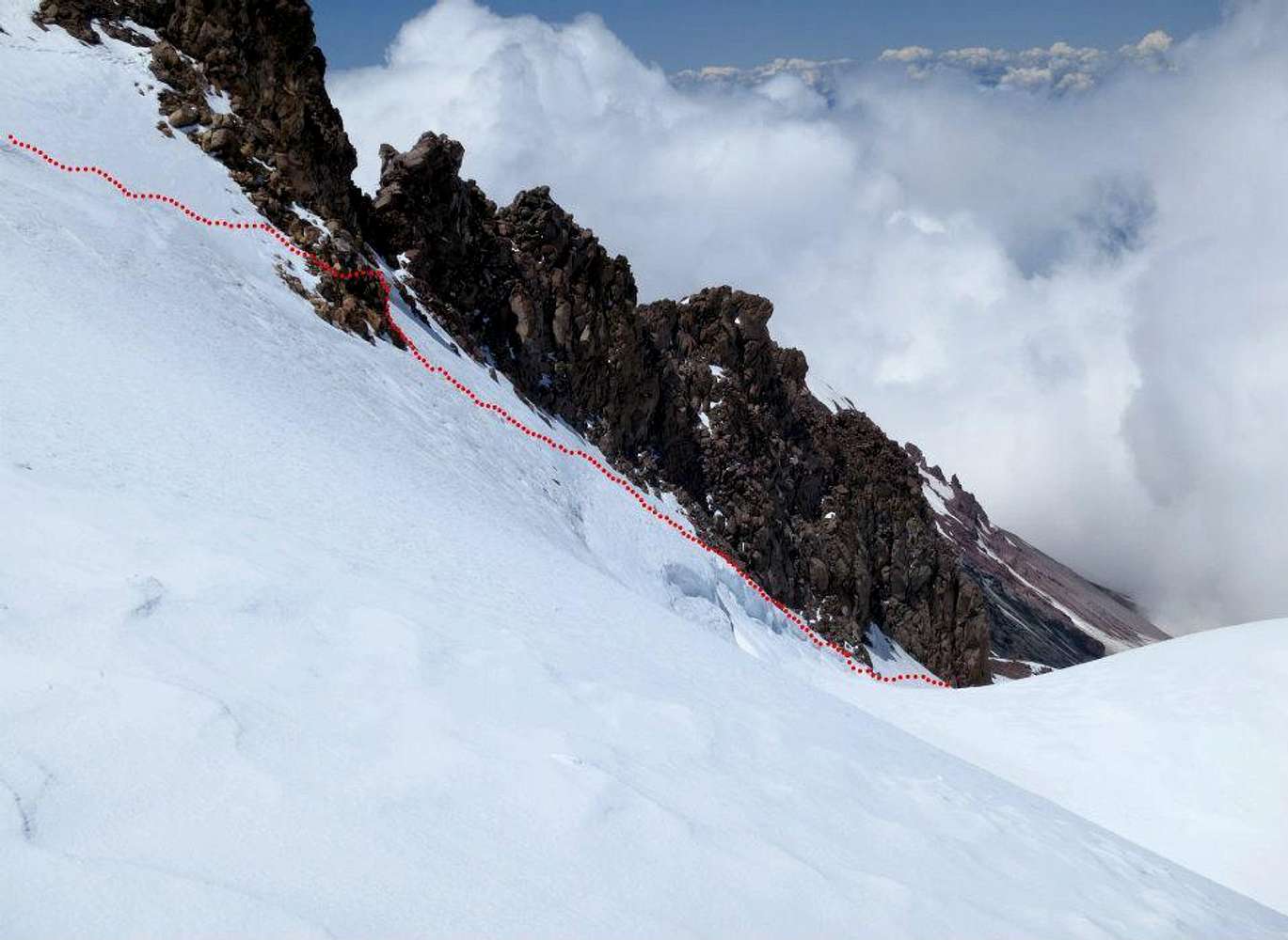 The traverse above the Whitney glacier bergschrund on the Cascade Gulch ...