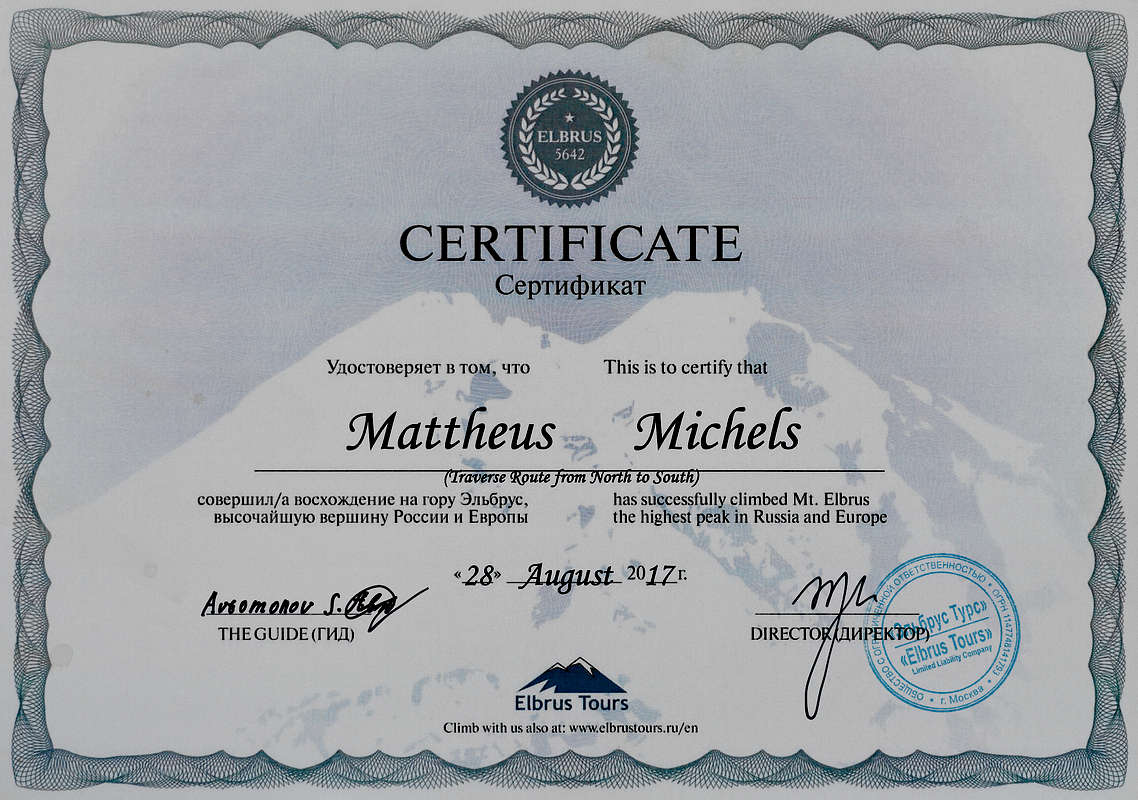 Summit and north-south traverse certificate for Mount Elbrus (5642m ...
